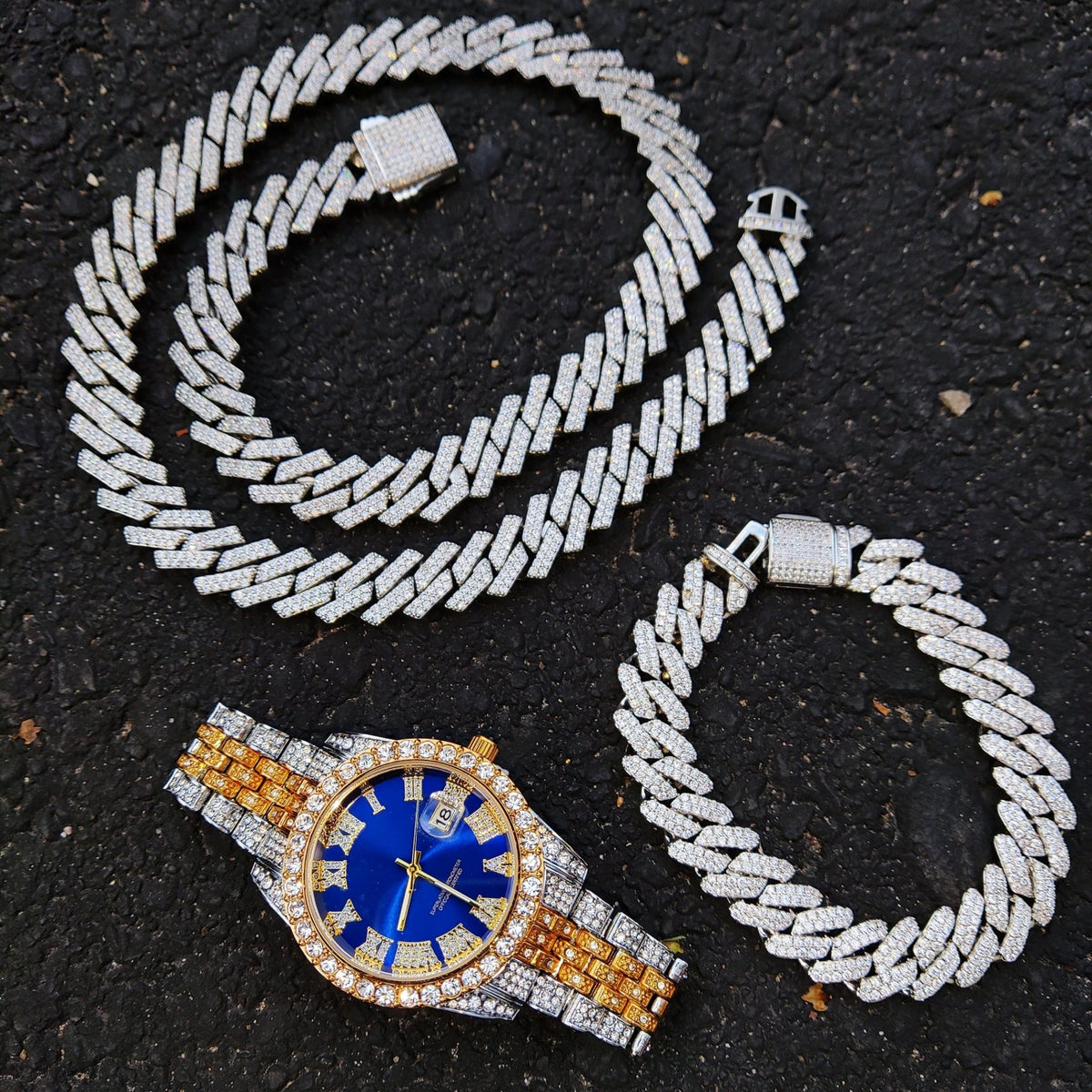 18k Gold Diamond Prong Cuban Link Watch Set (3 Pieces) – Drip Culture ...