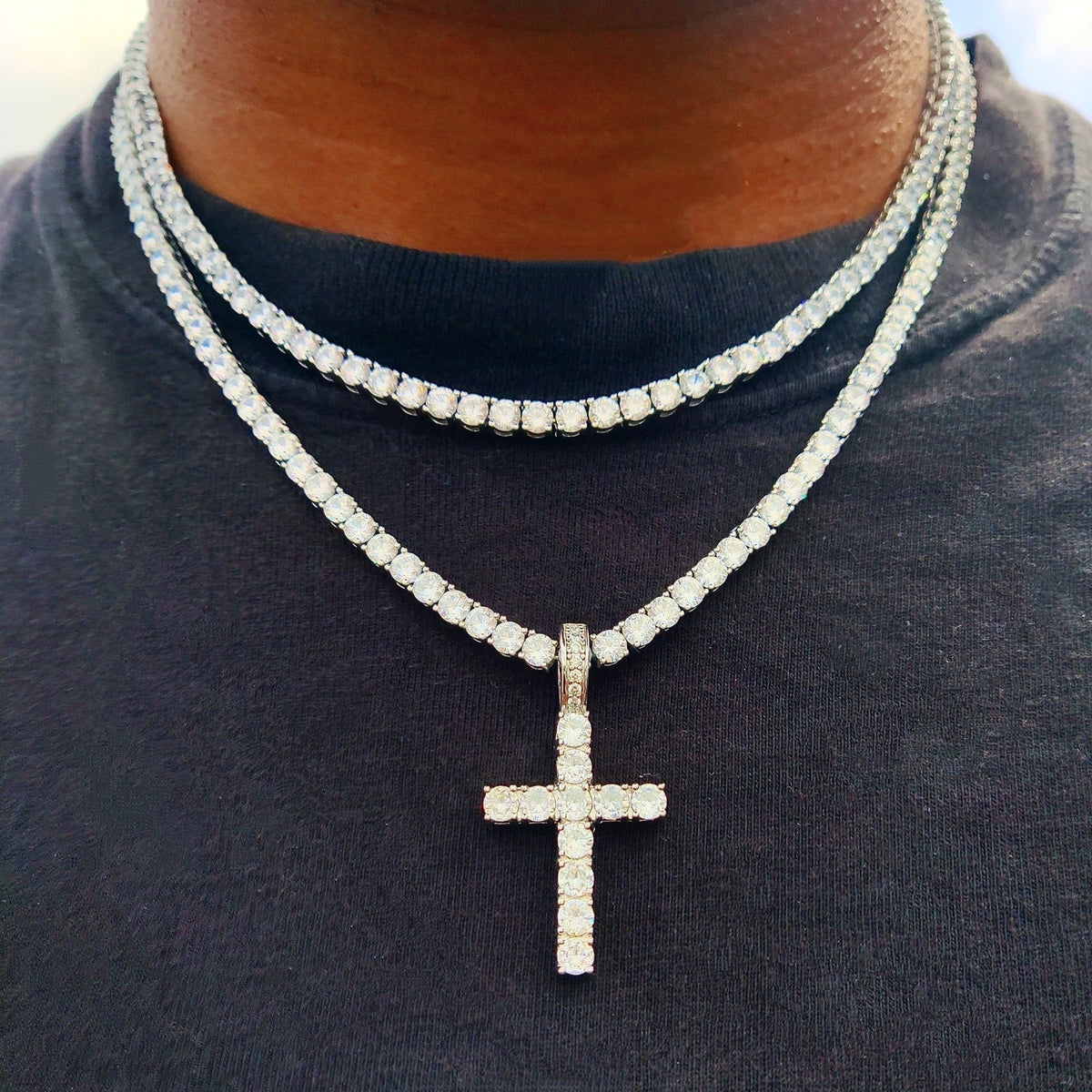 18K Gold Diamond Tennis Chain & Cross Pendant Set (3 Pieces) – Drip ...