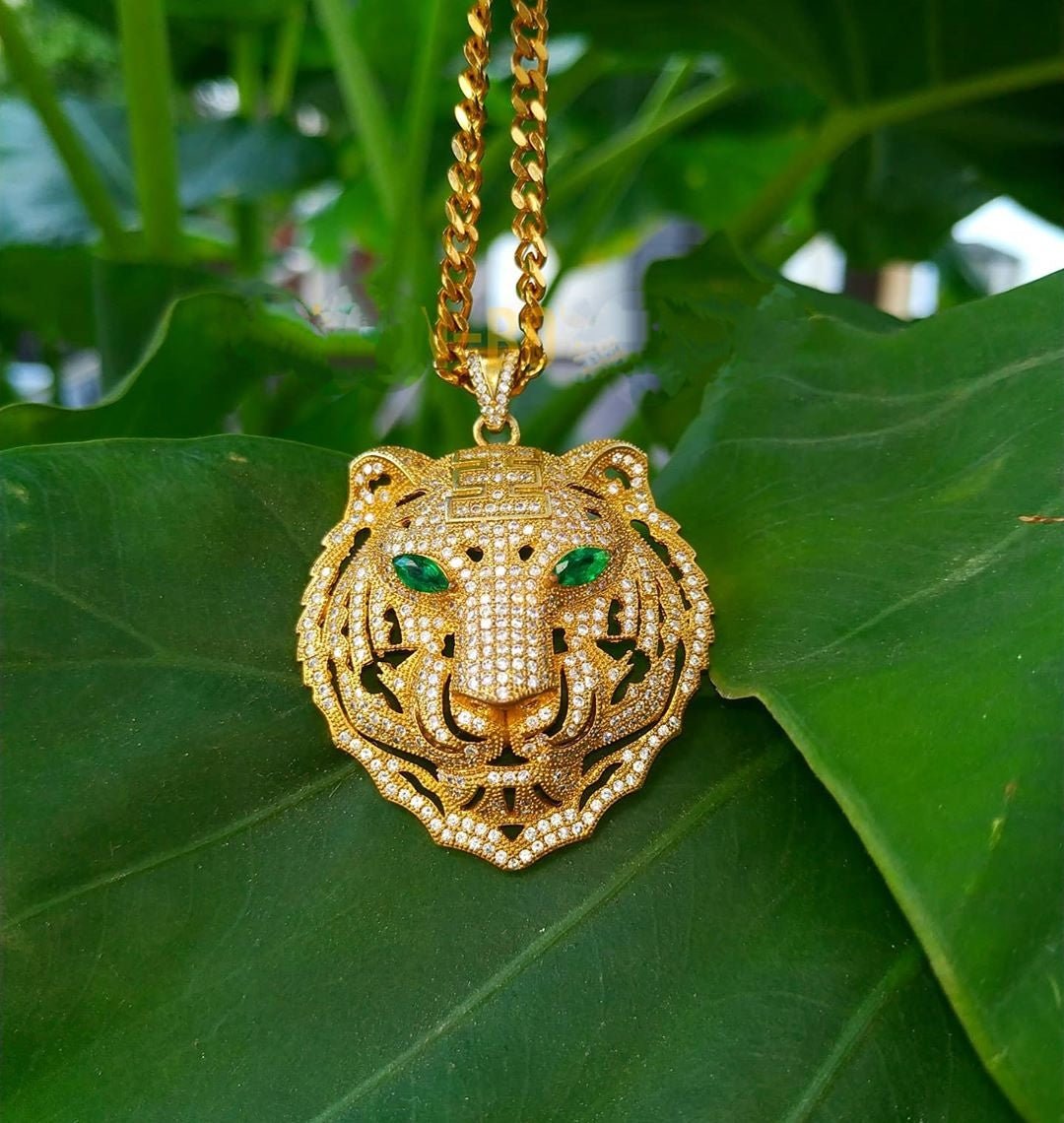 18K Gold Icy Emerald Eye Tiger - Tiger Pendant - Iced out Tiger – Drip ...