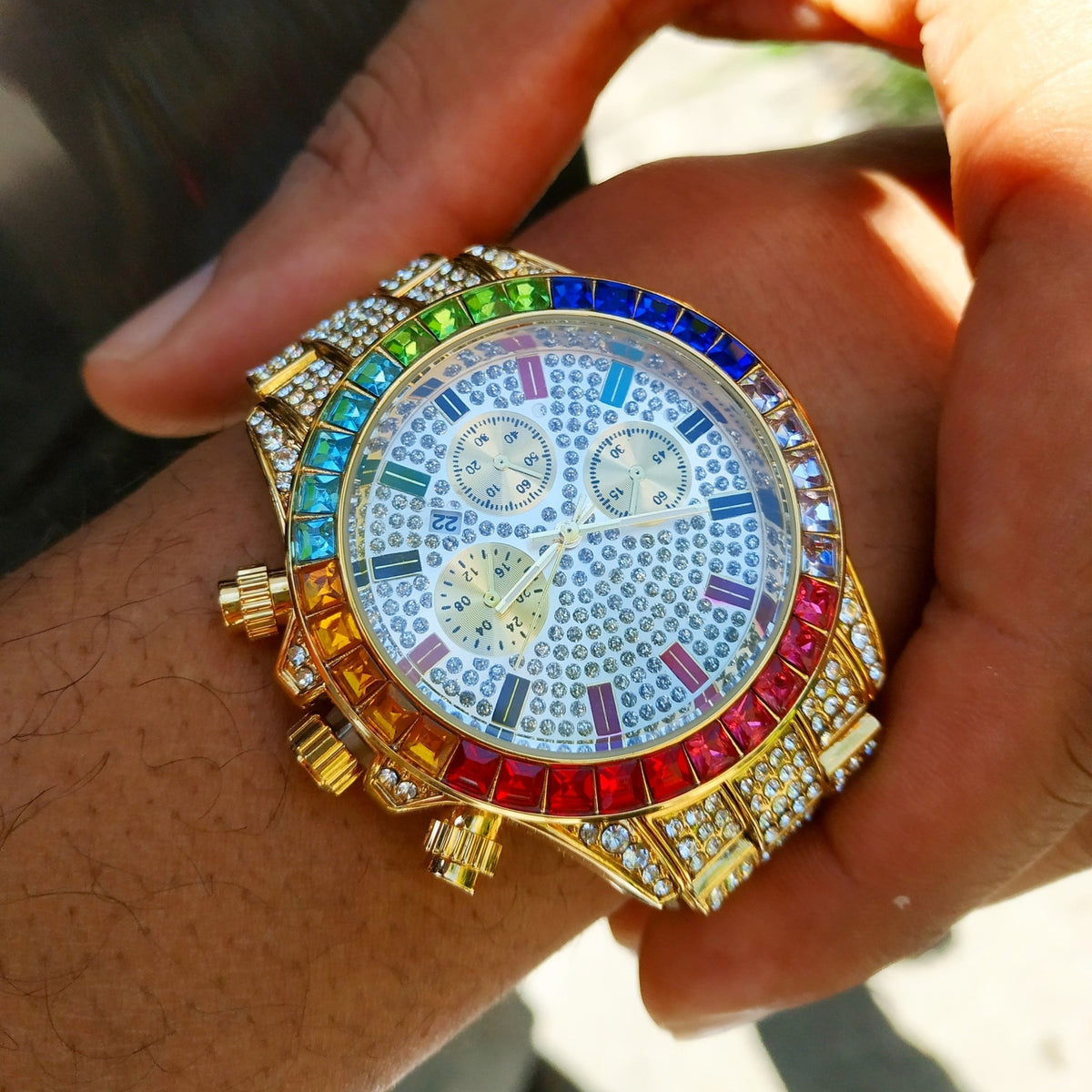 18K Gold Rainbow Diamond Watch - Gemstone Watch - Iced out watch – Drip ...