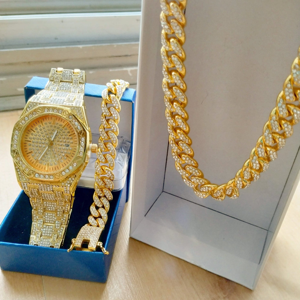Premium 18K Gold Miami Cuban Link Watch Set - Diamond Watch Set – Drip ...