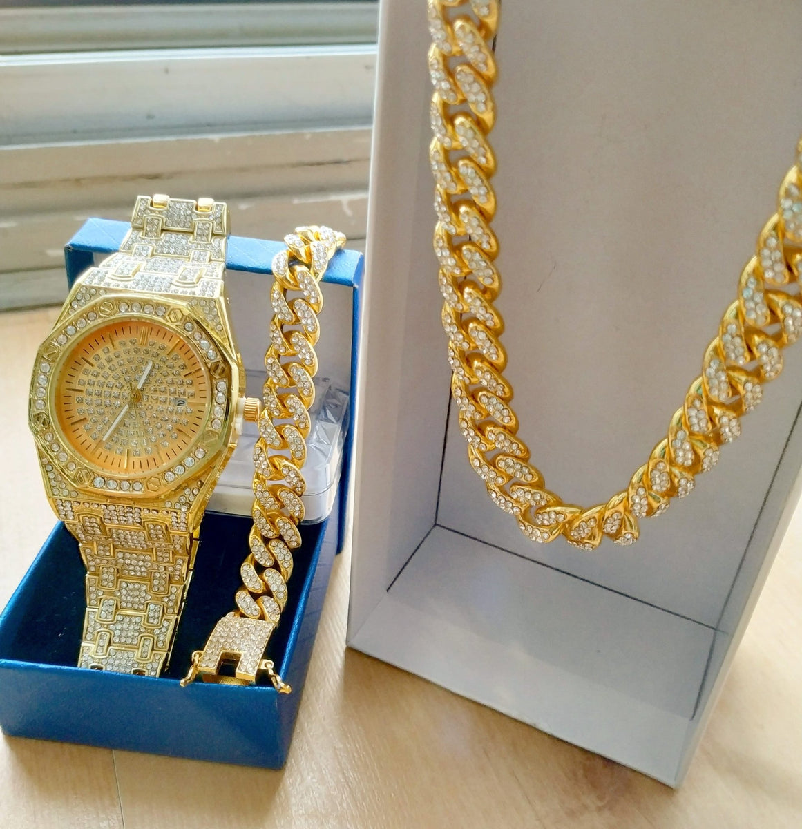 Premium 18K Gold Miami Cuban Link Watch Set - Diamond Watch Set – Drip ...